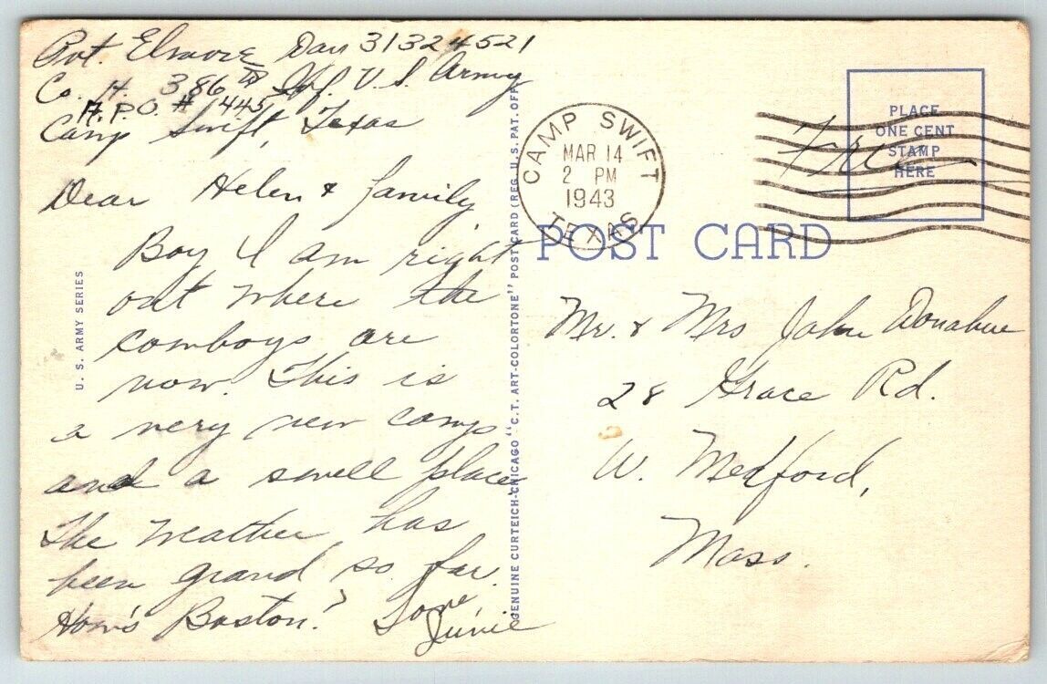 1943 WW2 Camp Swift Texas US Armored Division Private Elmore Postcard ...