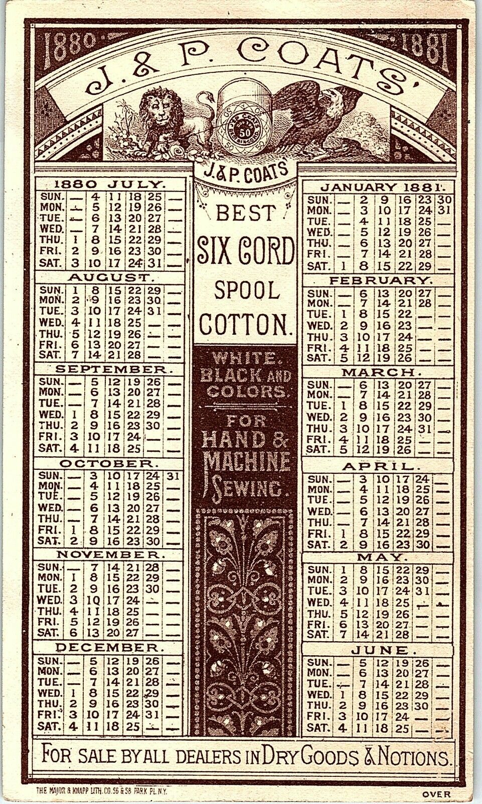 1880 Calendar J& P Coats Cleopatra's Needle Naval Ship Sailors P145 ...