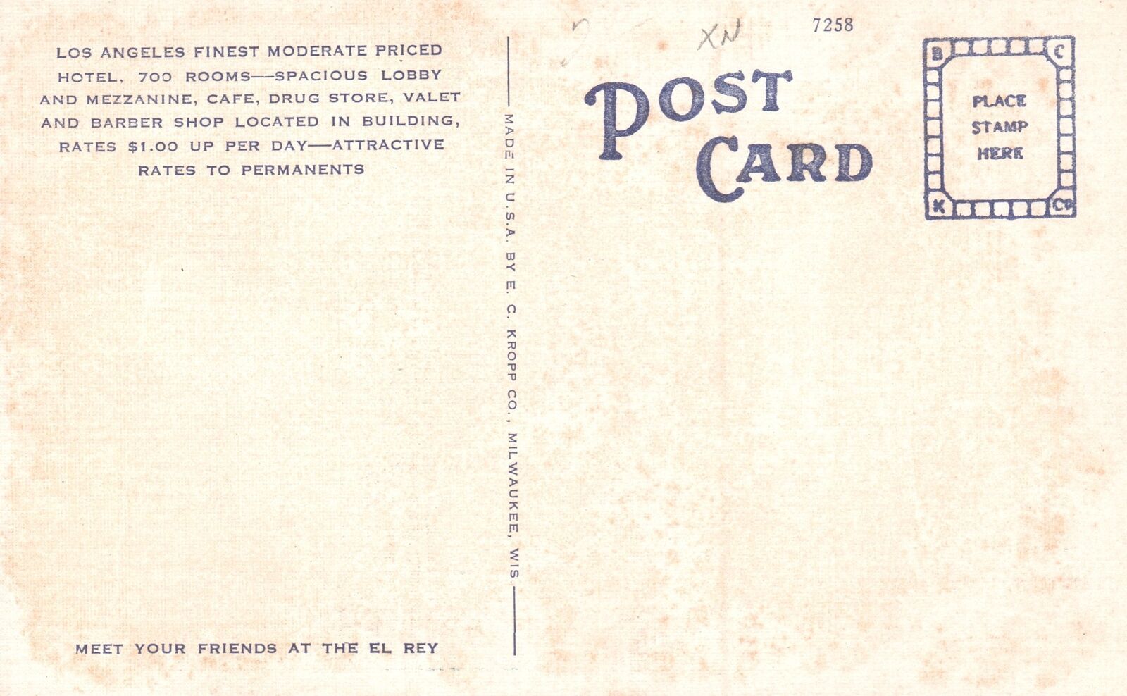 Vintage Postcard Finest Moderate Priced El Rey Hotel Los Angeles ...