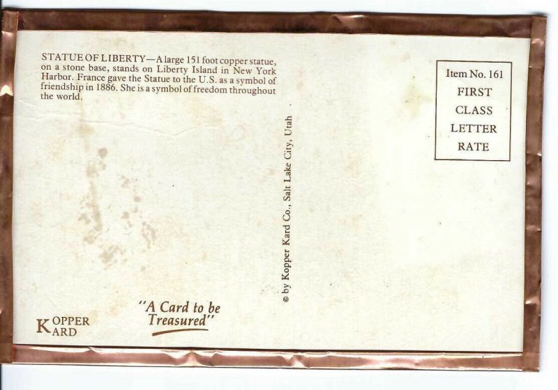 AR-021 NY Statue of Liberty Copper Clad Postcard by Kopper Kard Co ...