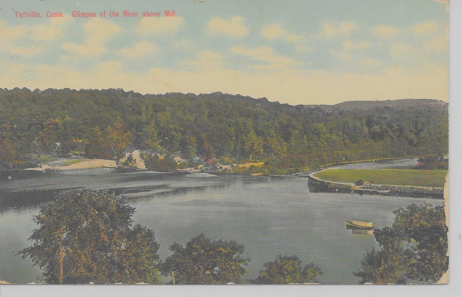 Taftville Connecticut glimpse of river boat above mill antique pc ...
