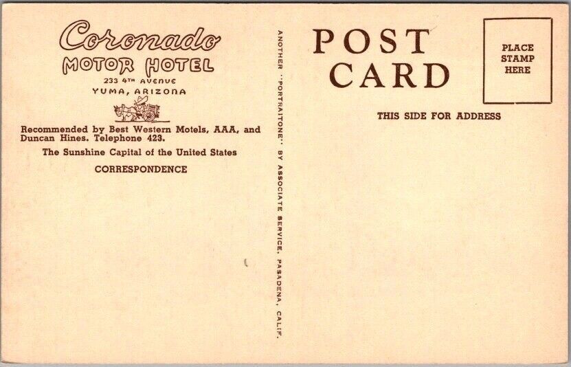 Vintage 1950s YUMA, Arizona Postcard CORONADO MOTOR HOTEL Highway 80 ...