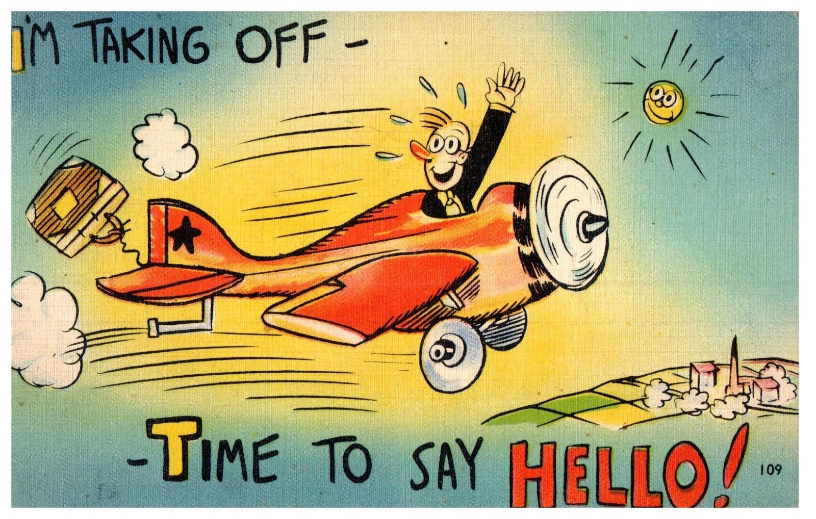I'm Taking Off Time to Say Hello Comic Cartoon Airplane Postcard ...