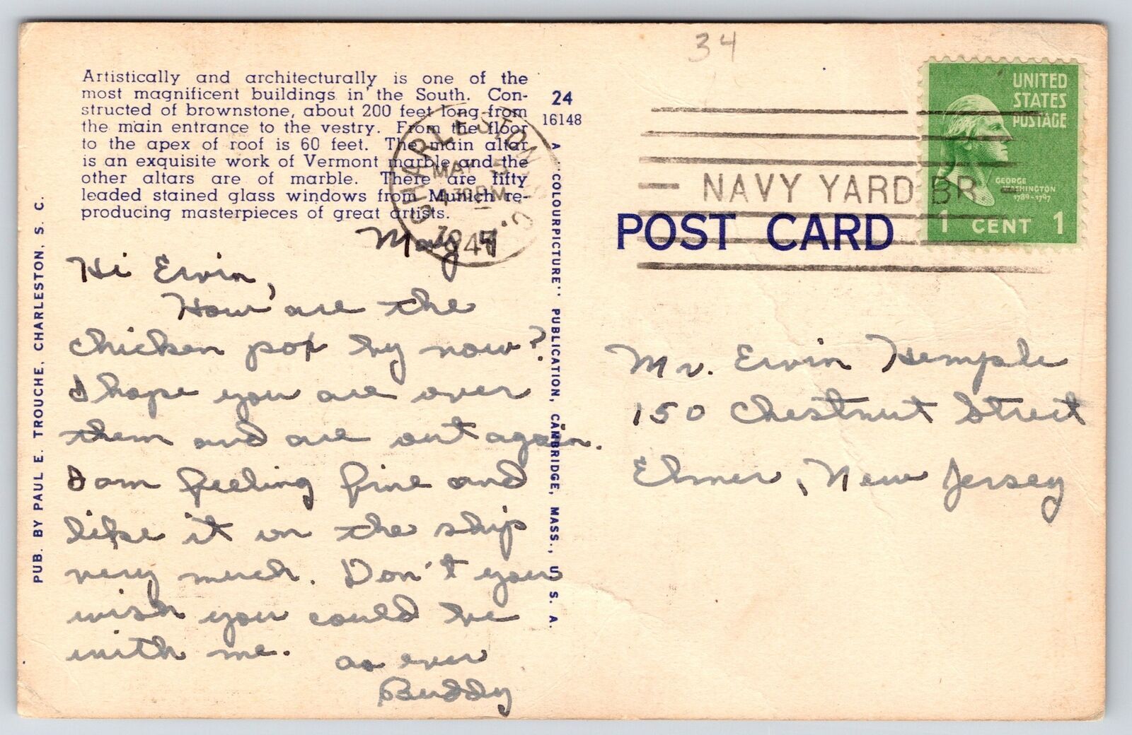 Vintage Postcard 1945 Cathedral Church of St. John the Baptist ...