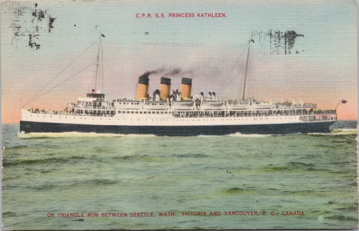 SS 'Princess Kathleen' CPR Ship Steamship 1940s Linen Postcard H33 ...