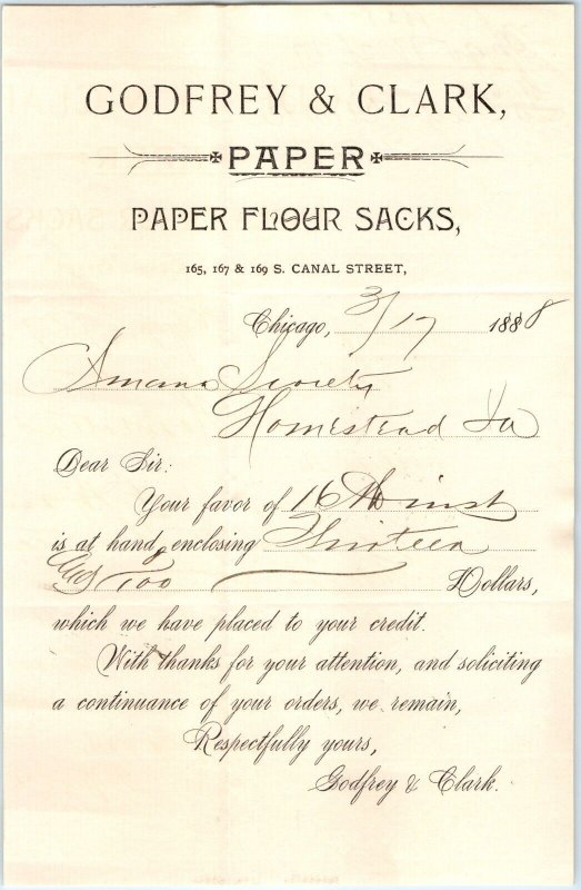 1888 Chicago, Illinois Godfrey & Clark Paper Flour Sacks Letterhead ...