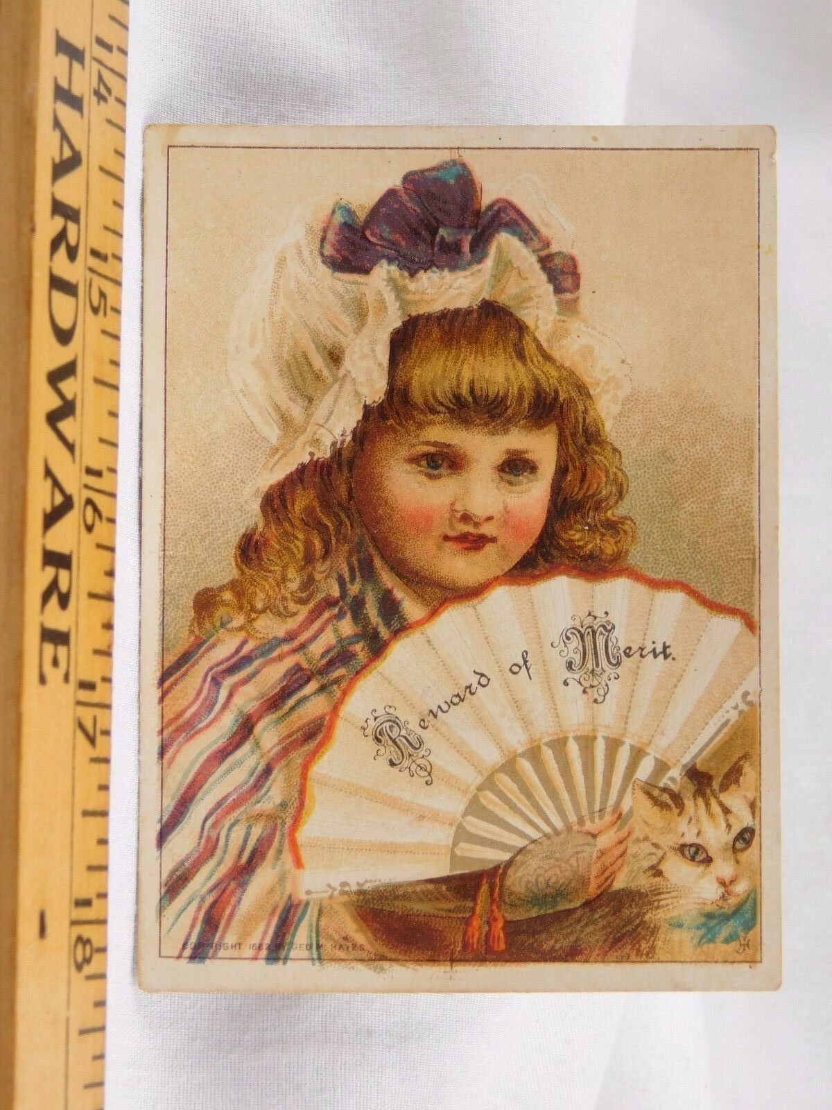 Victorian Reward Of Merit Card Beautiful Child Holding Fan Cat F32 ...