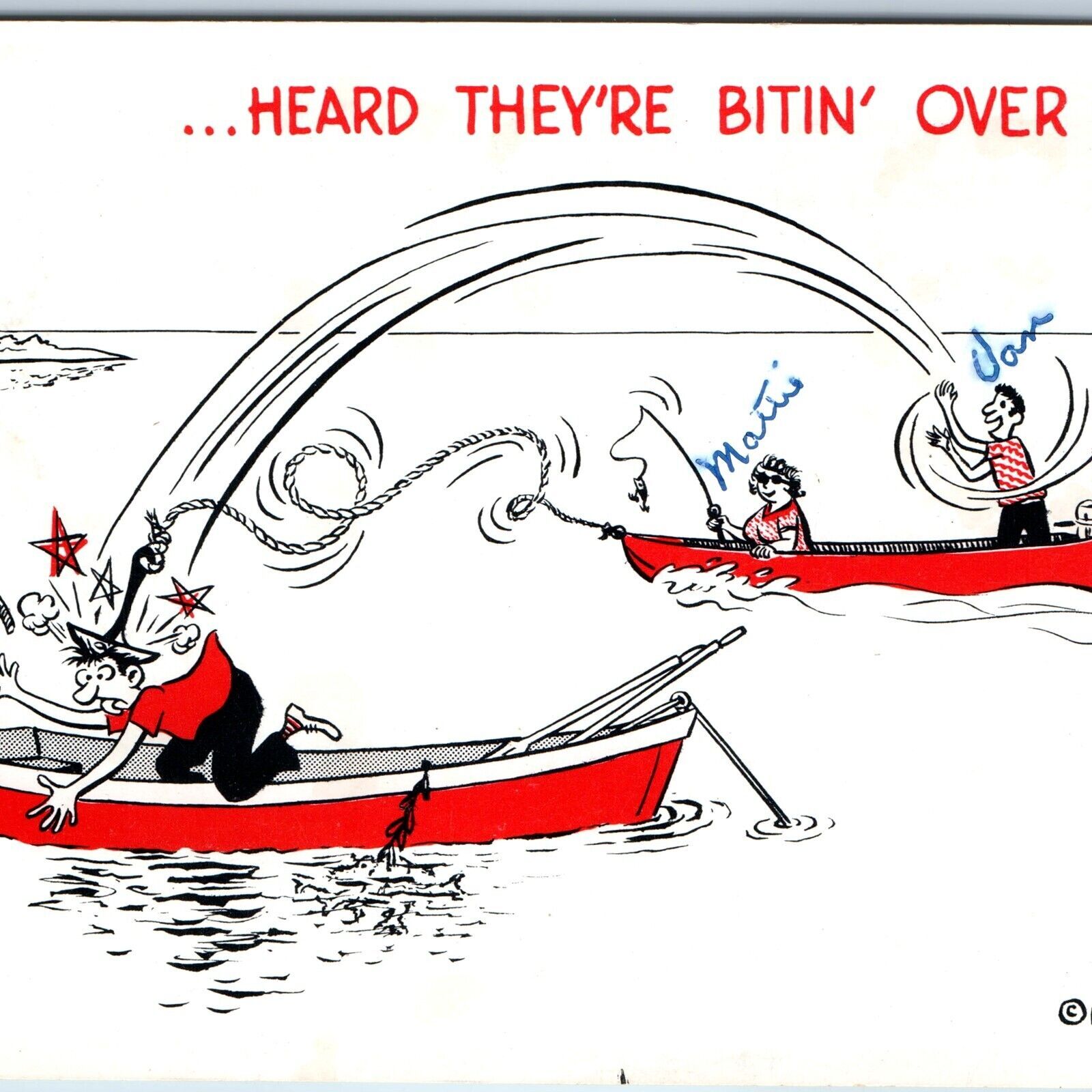 1957 Comic Fishing Man Throws Anchor Motor Boat Cartoon Chrome GAD PC ...