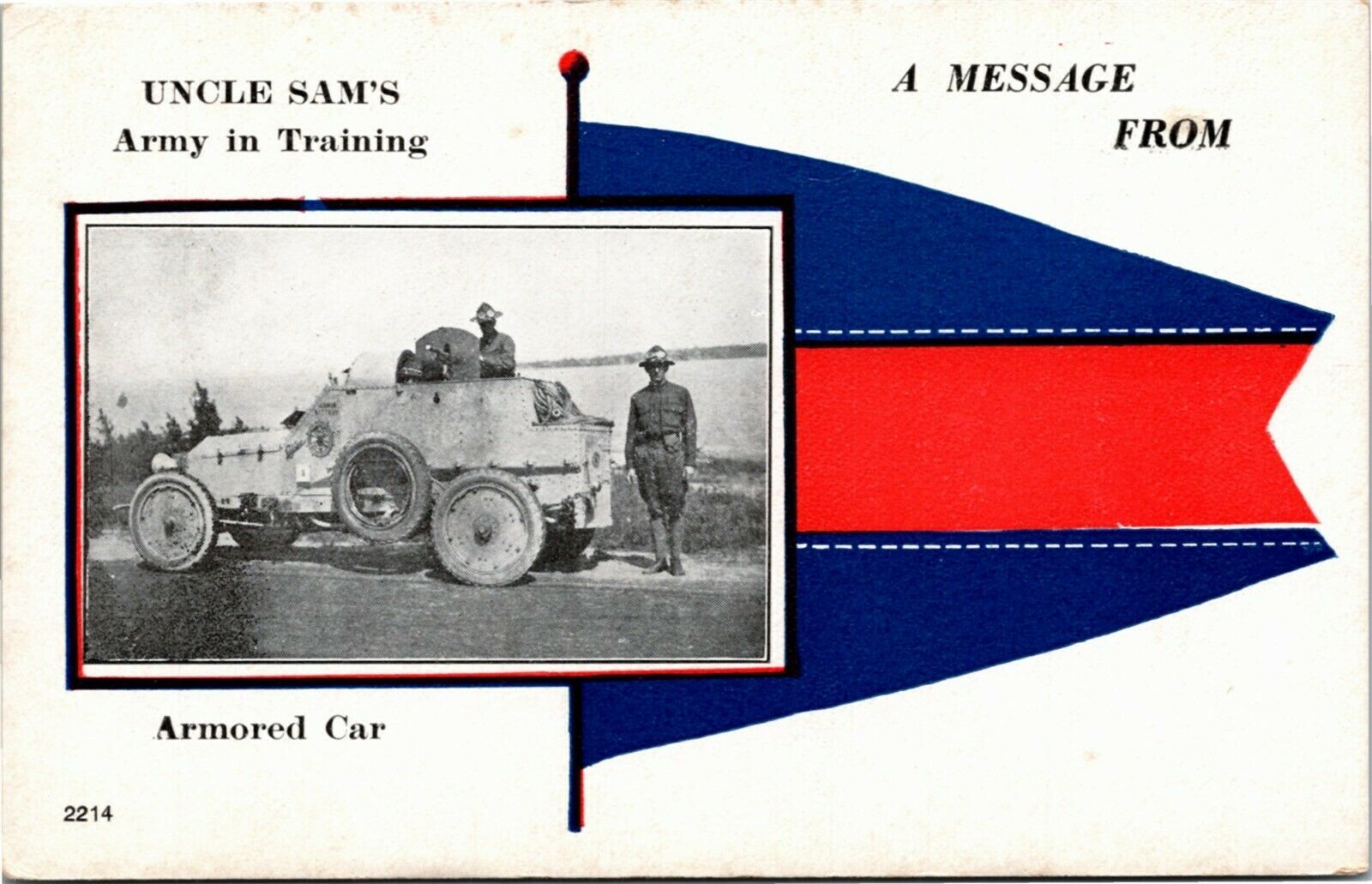 Pennant Postcard Uncle Sam's Army in Training Armored Car Doughboys ...