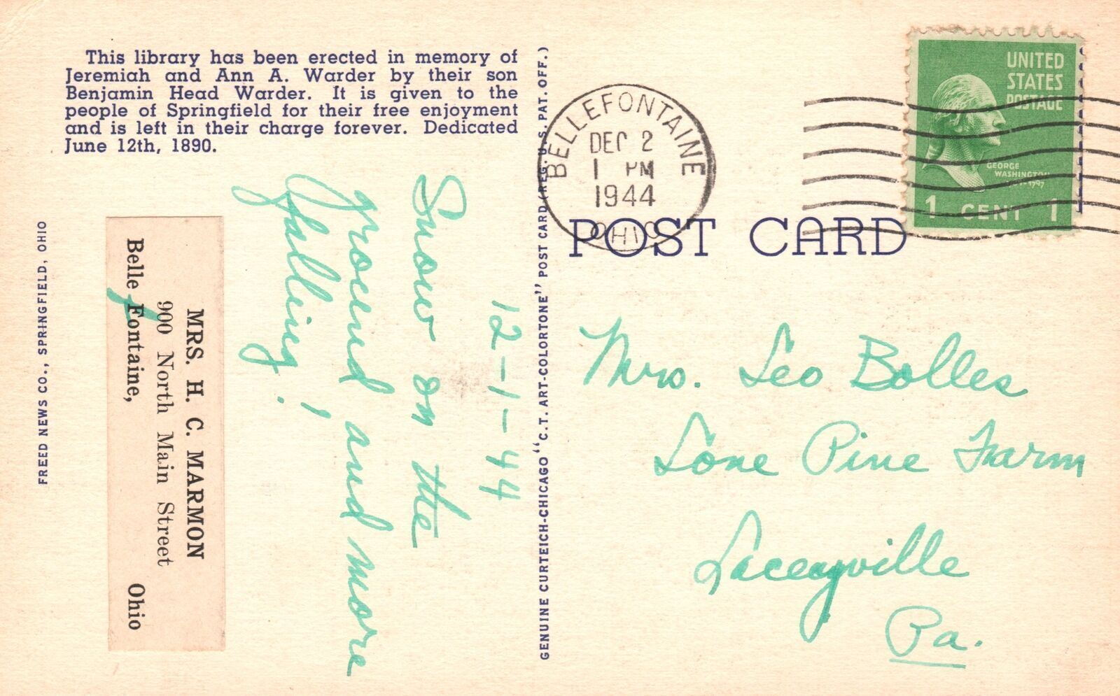 Vintage Postcard 1944 The Warder Public Library Building Springfield ...