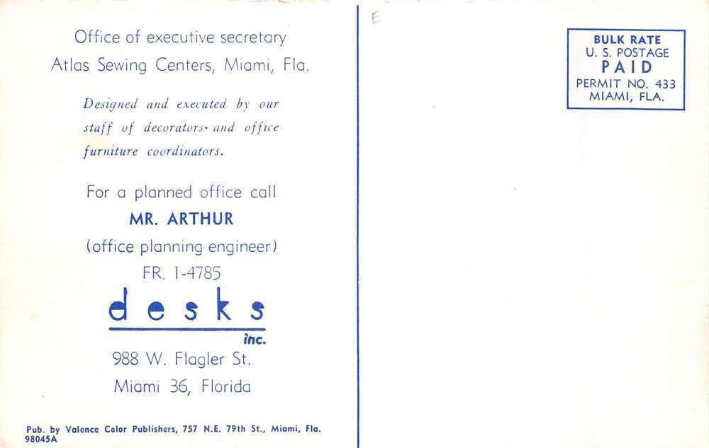 Miami Florida Arthur Office Planning Desk Furniture Ad Vintage Postcard ...