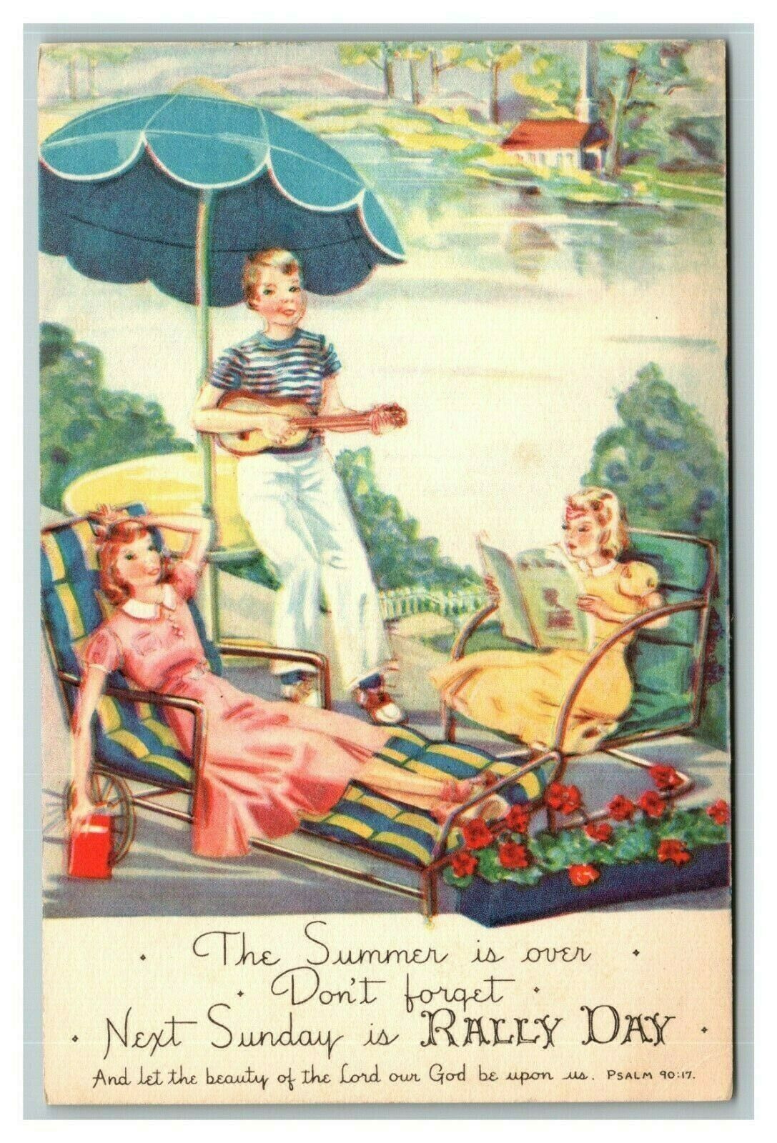 Vintage 1900's Comic Postcard Church Invite 3 Kids Singing Along River ...