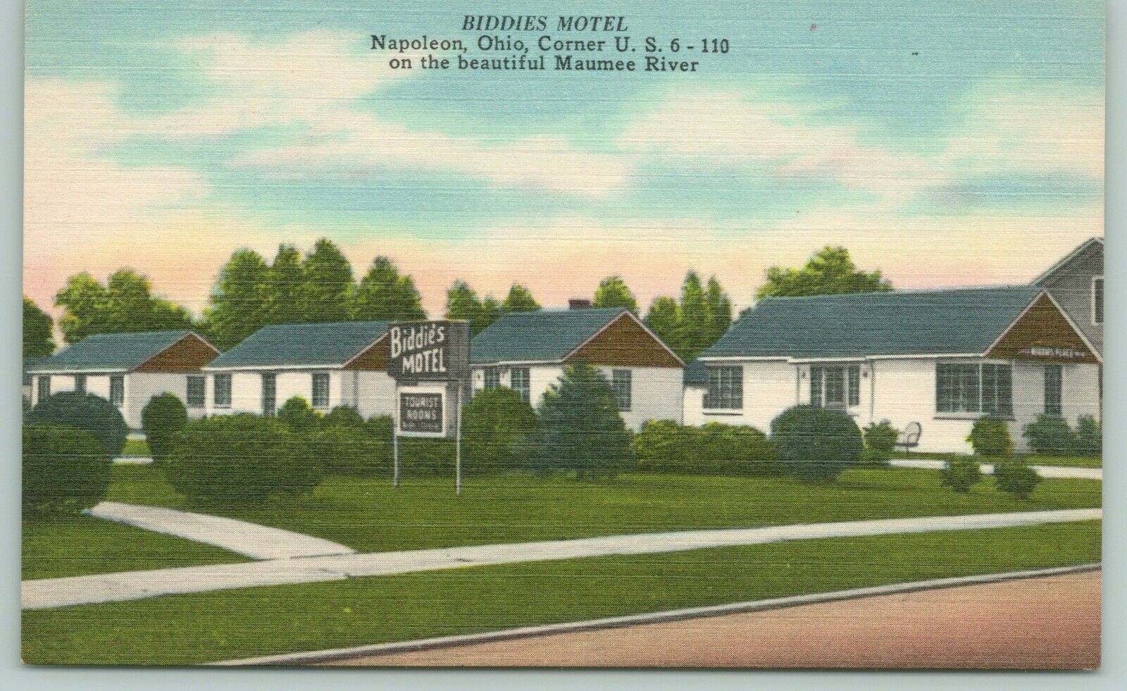 Napoleon Ohio~Biddie's Motel~Walkway Along Cabins~Shrubs in Center ...