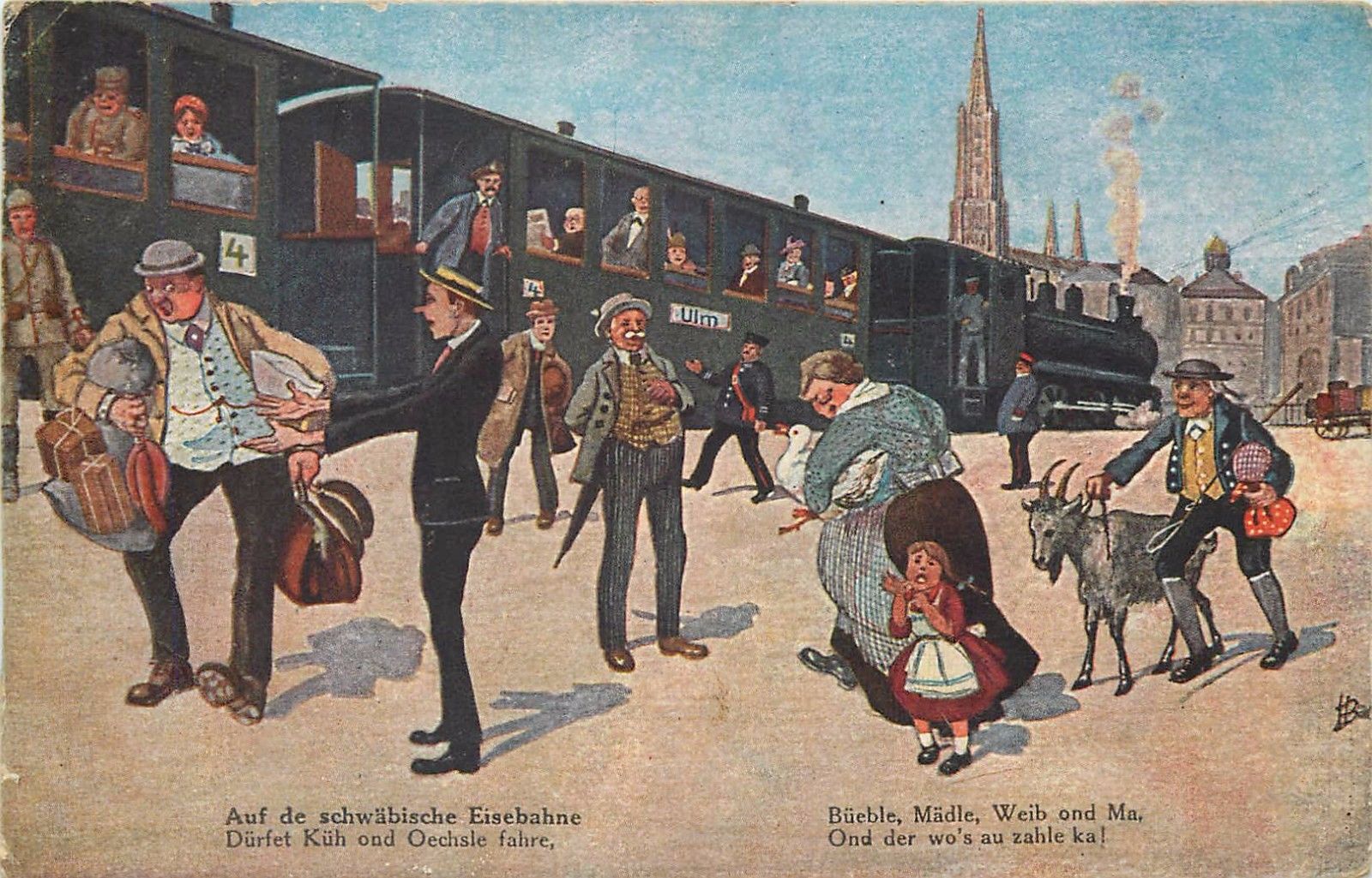 AK Germany Schwäbische Eisebahn train station comic Hans Boettcher ...
