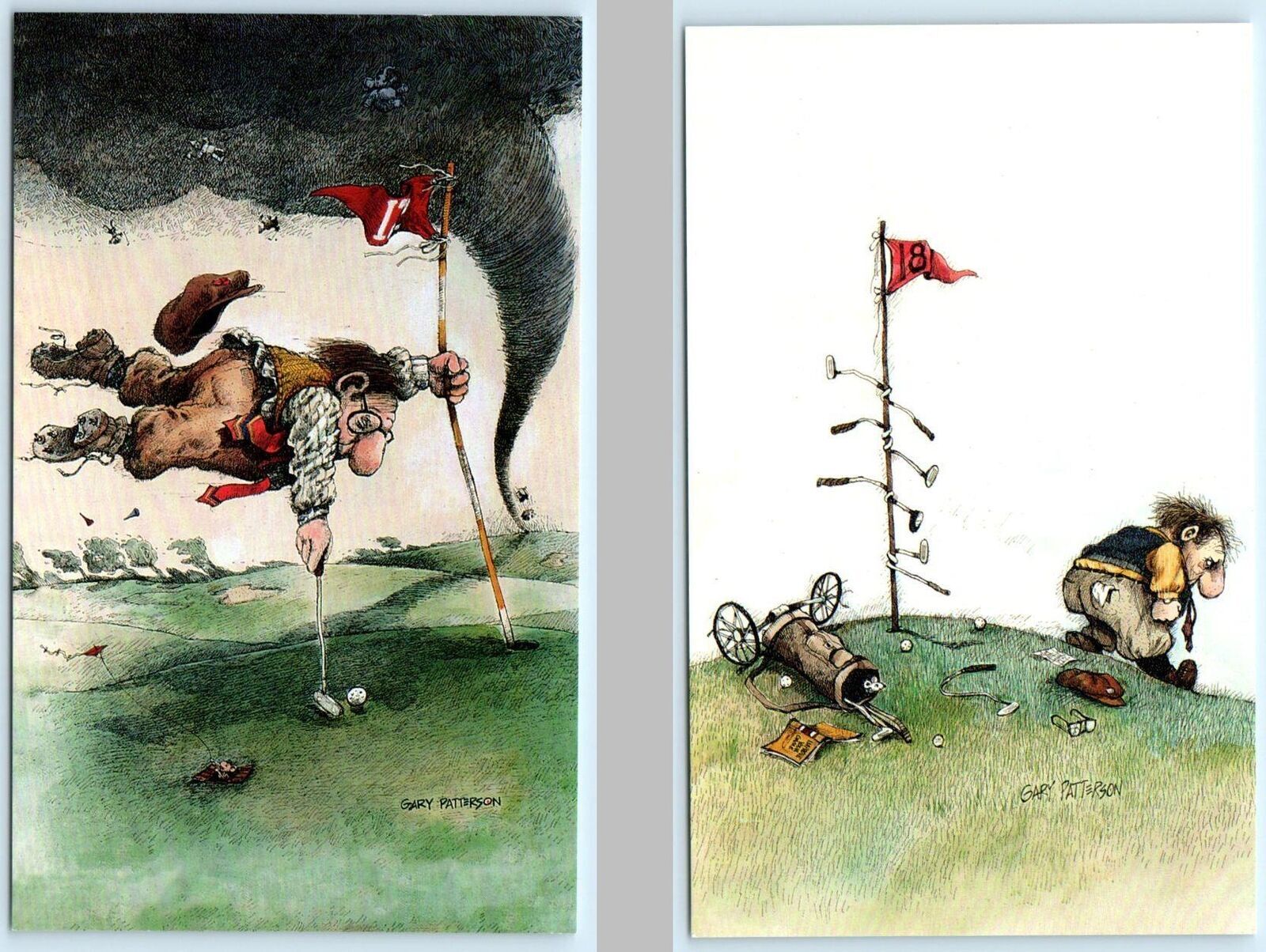2 Postcards GOLFERS CHAOS Comic ~ Artist GARY PATTERSON Golf Tornado 3¾ ...