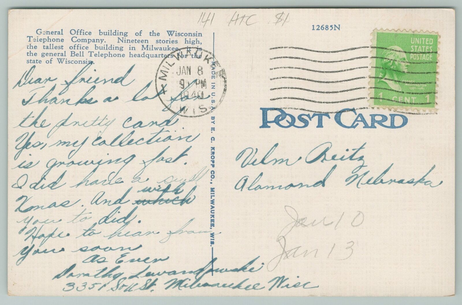 Milwaukee Wisconsin~Bell Telephone Headquarters Building~1940s Linen ...