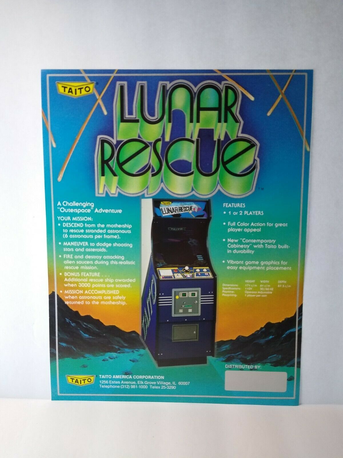 Lunar Rescue Arcade Flyer 1979 Original Game Art Retro Classic 8.5" x ...