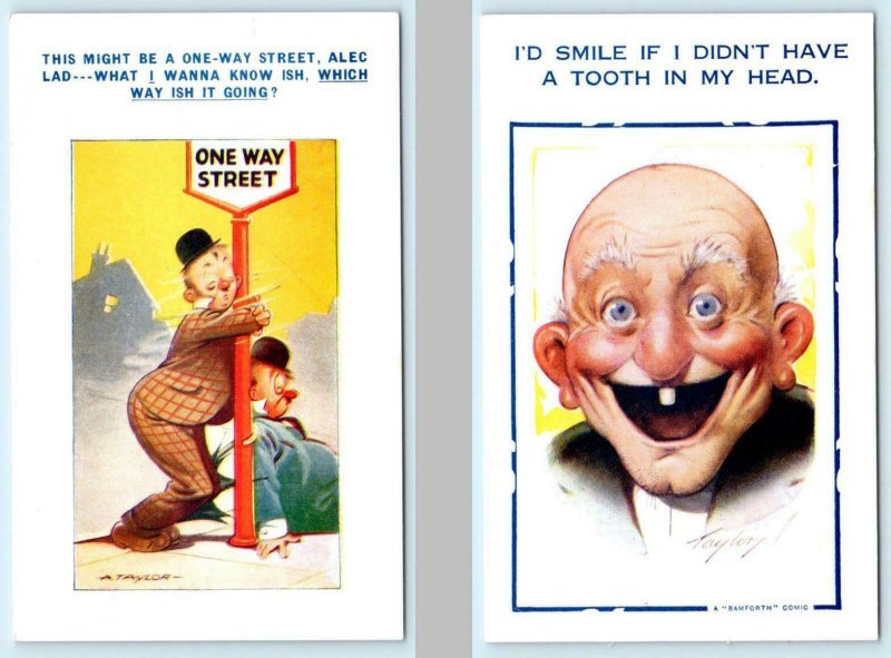 2 Bamforth Postcards COMICS Artist A. Taylor DRINKING & Toothless Smile ...