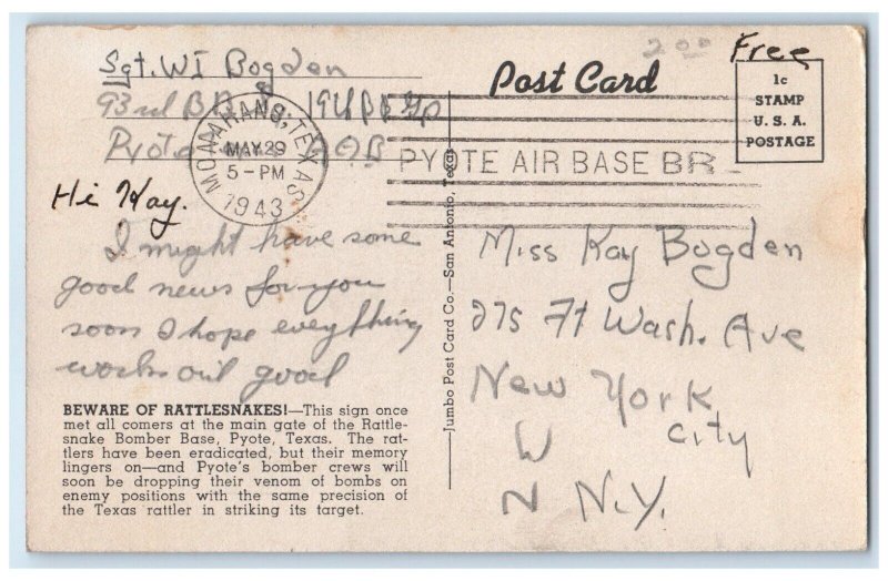 1943 Beware Rattlesnakes Main Gate Rattlesnake Bomber Base Pyote Texas ...