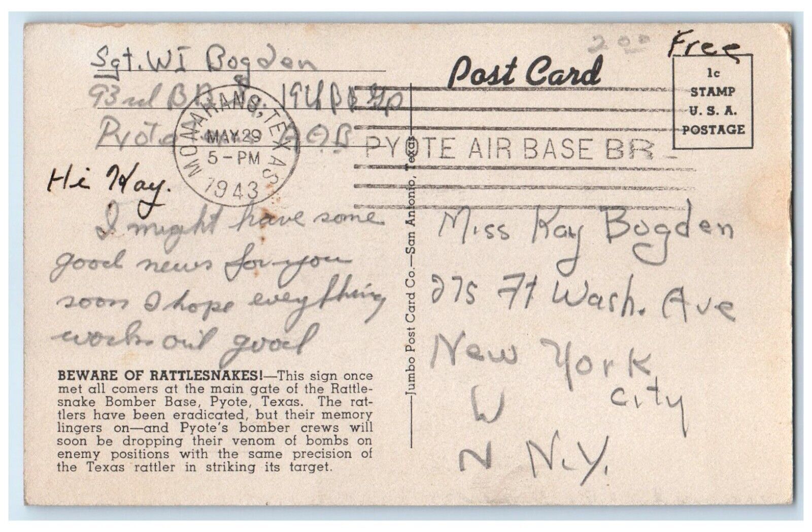 1943 Beware Rattlesnakes Main Gate Rattlesnake Bomber Base Pyote Texas ...