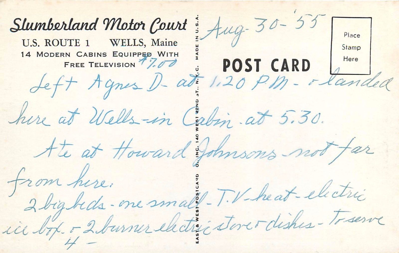 Slumberland Motor Court Wells Maine Sea Food Houseold cars 1950s ...