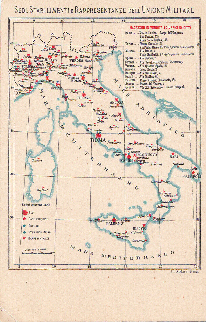 Italy map Sedi Stabilimenti e Reppresentanze dell Unione Militare ...