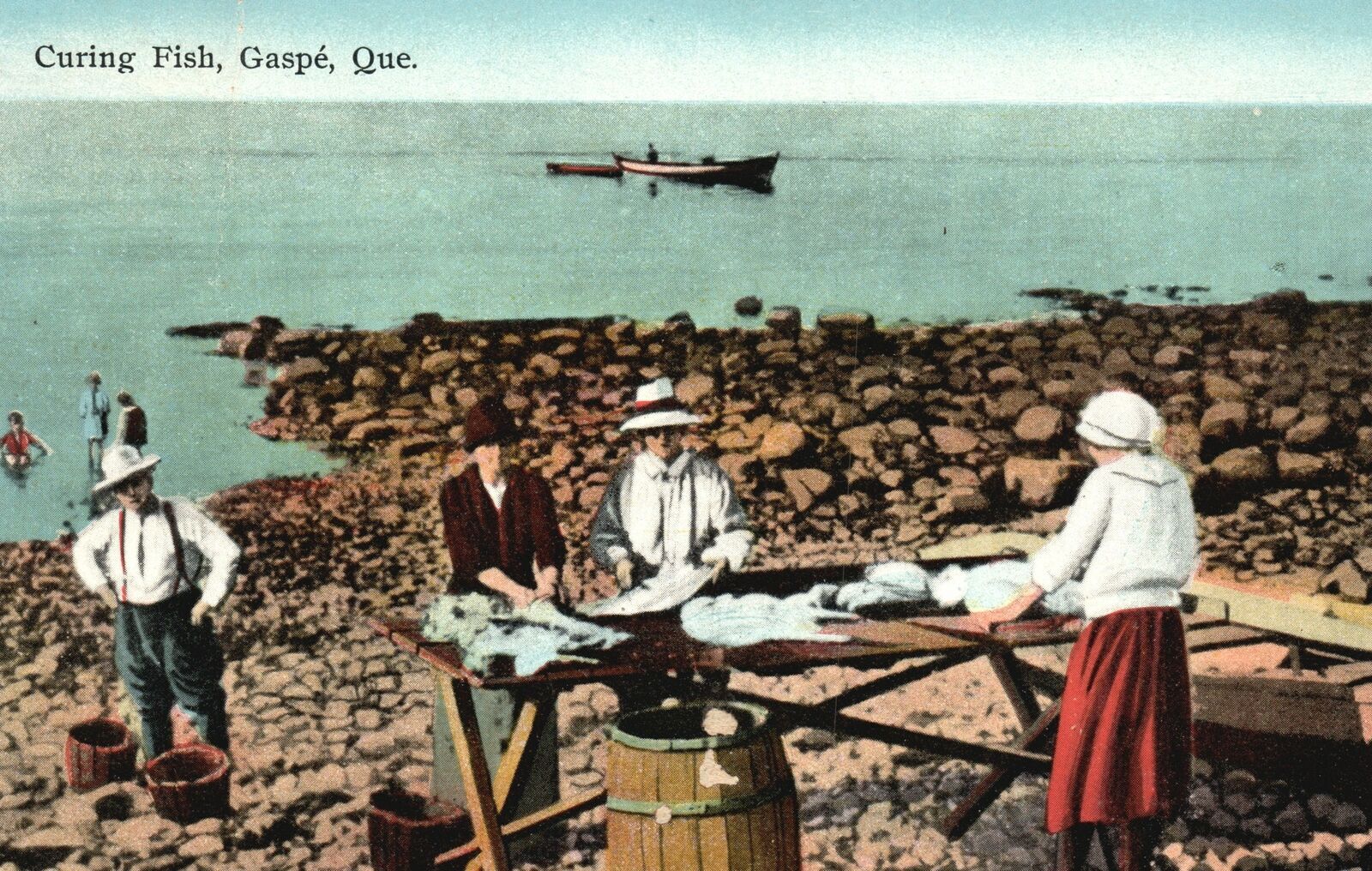 Vintage Postcard Fishing Villages Peninsula Curing Fish Gaspe Quebec ...