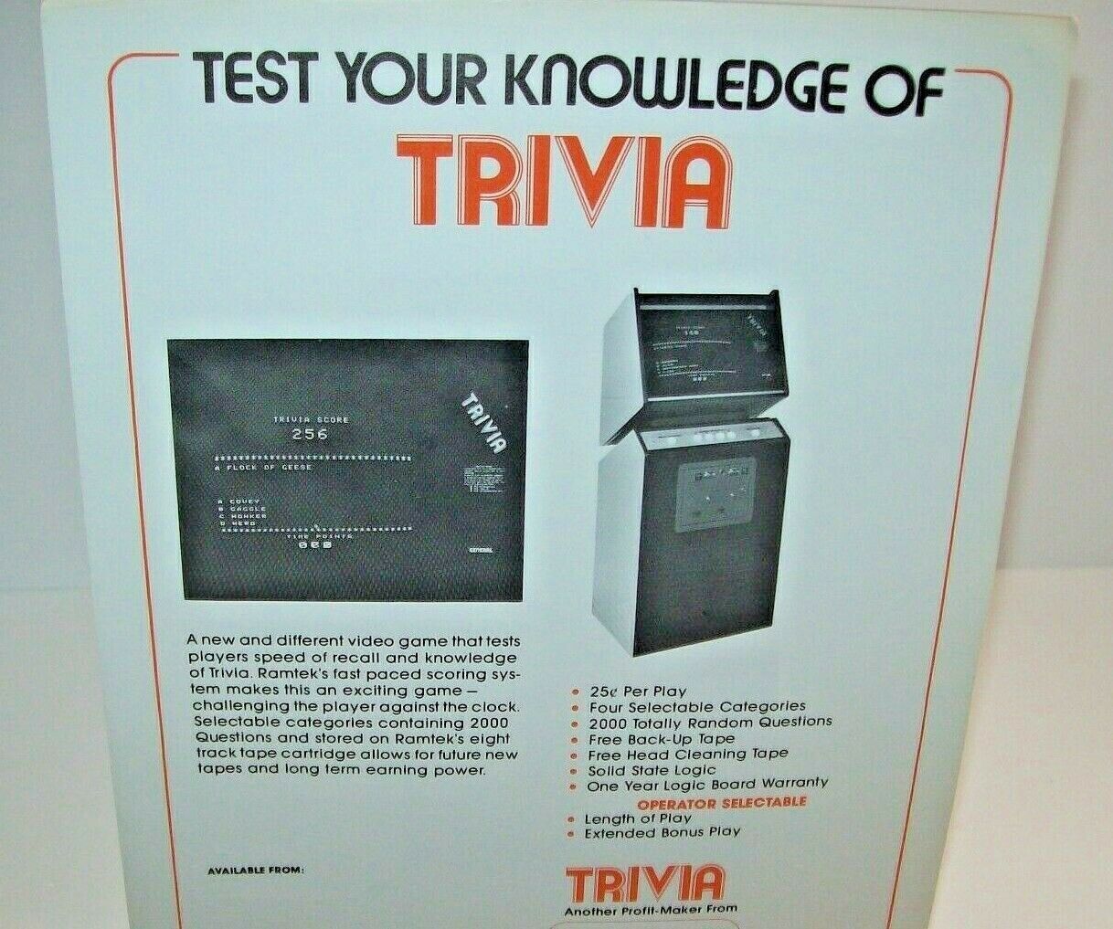 Trivia Arcade FLYER Original Ramtek Vintage Retro 1975 Video Game ...