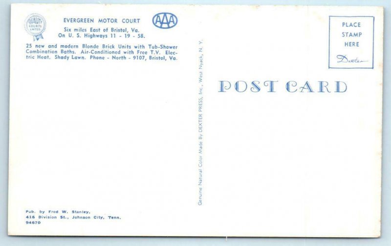 BRISTOL, Virginia VA ~ Roadside EVERGREEN MOTOR COURT ca 1950s Postcard ...