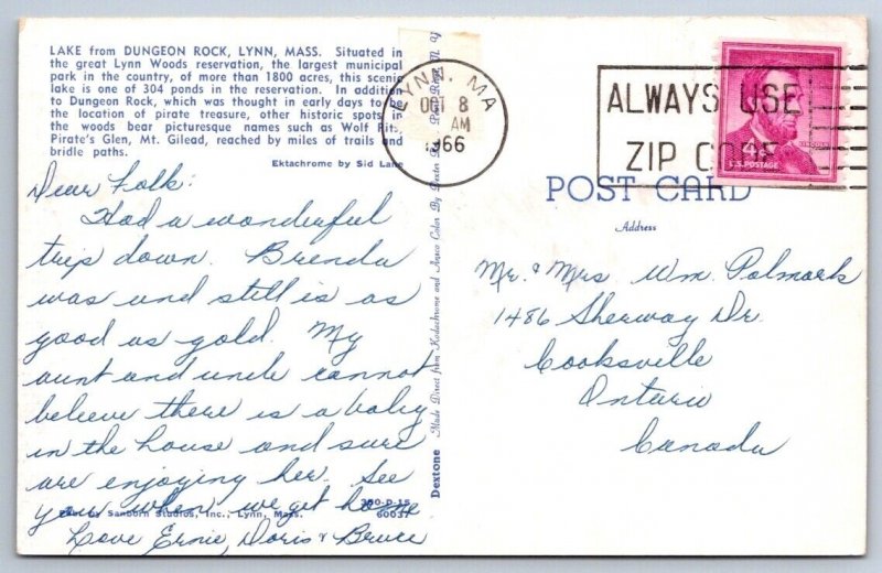 Lake From Dungeon Rock, Lynn MA, Vintage 1966 Postcard, Zip Code Slogan ...