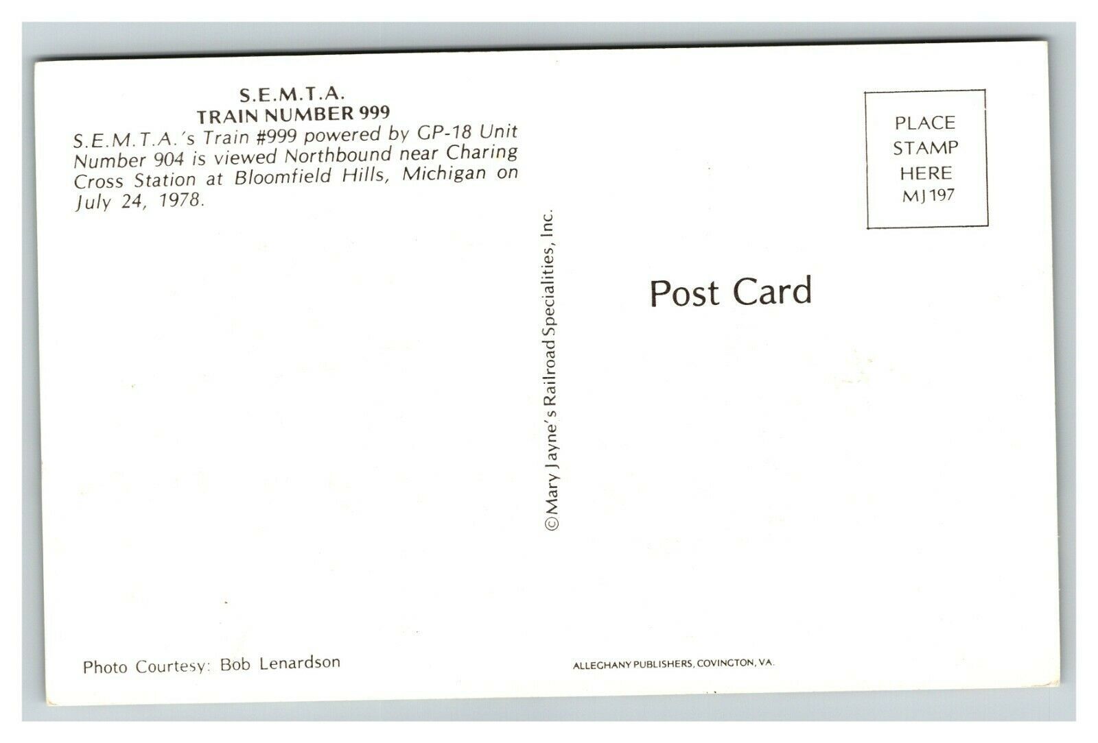 Vintage 1978 Postcard SEMTA Train #999 Charing Cross Station Bloomfield ...