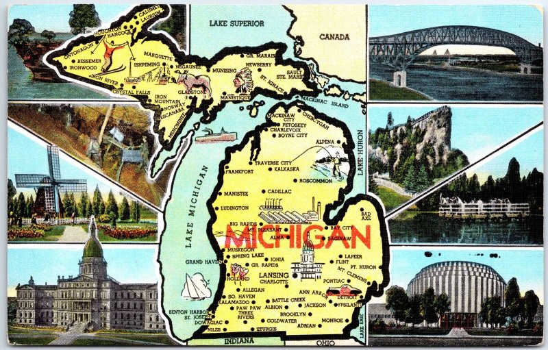 Vintage Postcard Animated MAP of Michigan W/ Multiple Stateside Scenes ...