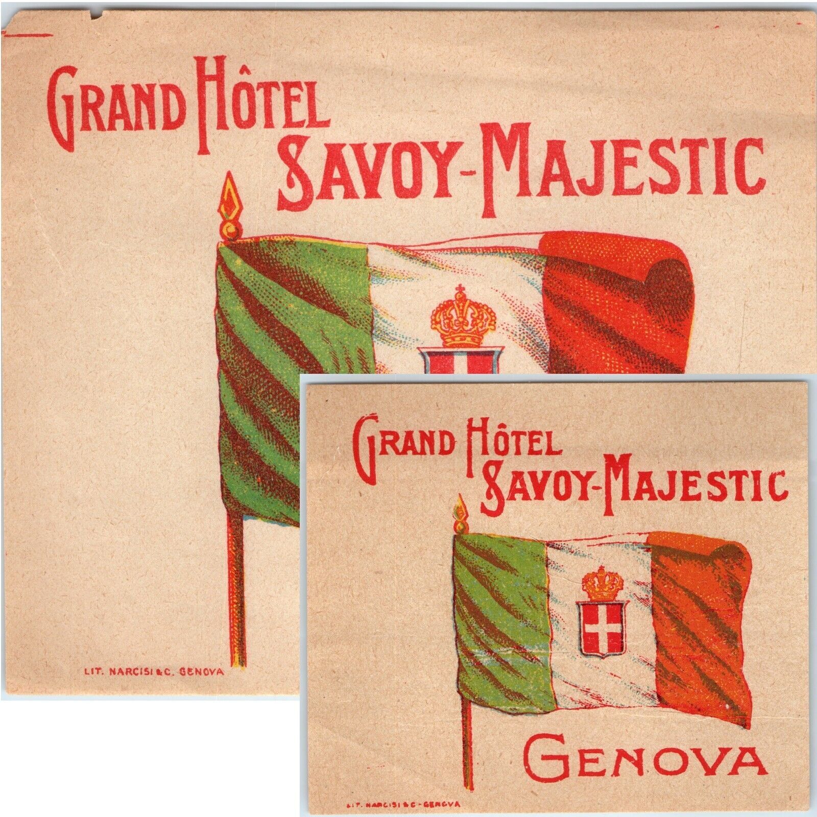 x2 LOT 1930s Genova Italy Luggage Label Grand Hotel Savoy-Majestic ...