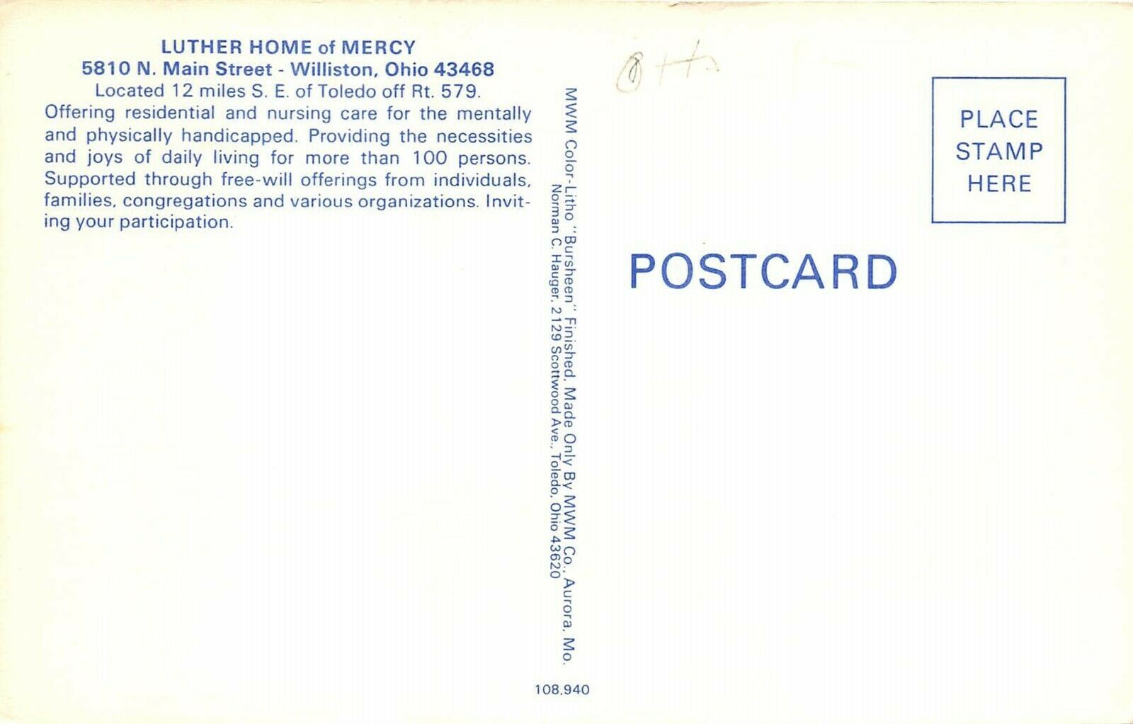 Williston Ohio 1960s Postcard Luther Home Of Mercy Nursing Home ...