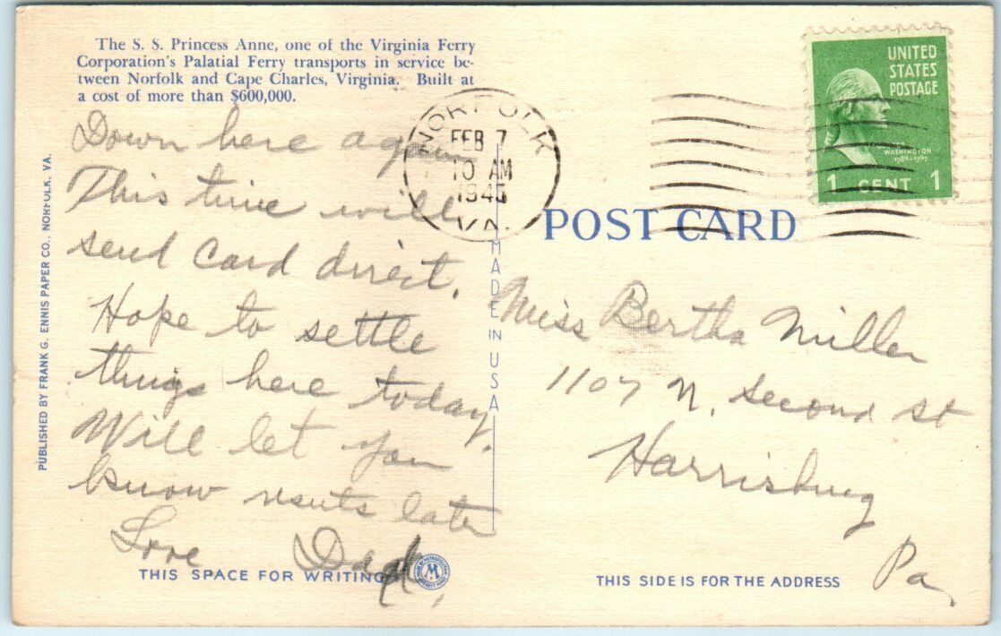 The SS Princess Anne Ferry Boat Between Cape Charles and Norfolk ...