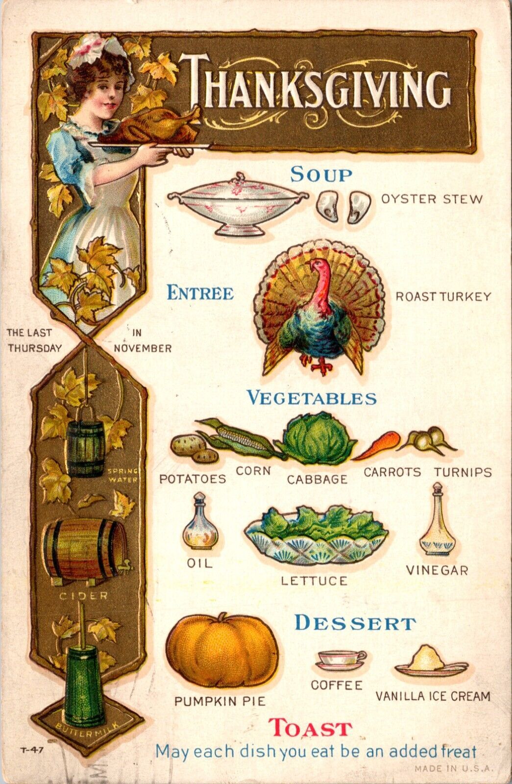 Vintage Thanksgiving Postcard Menu of Typical Food for the Holiday c ...