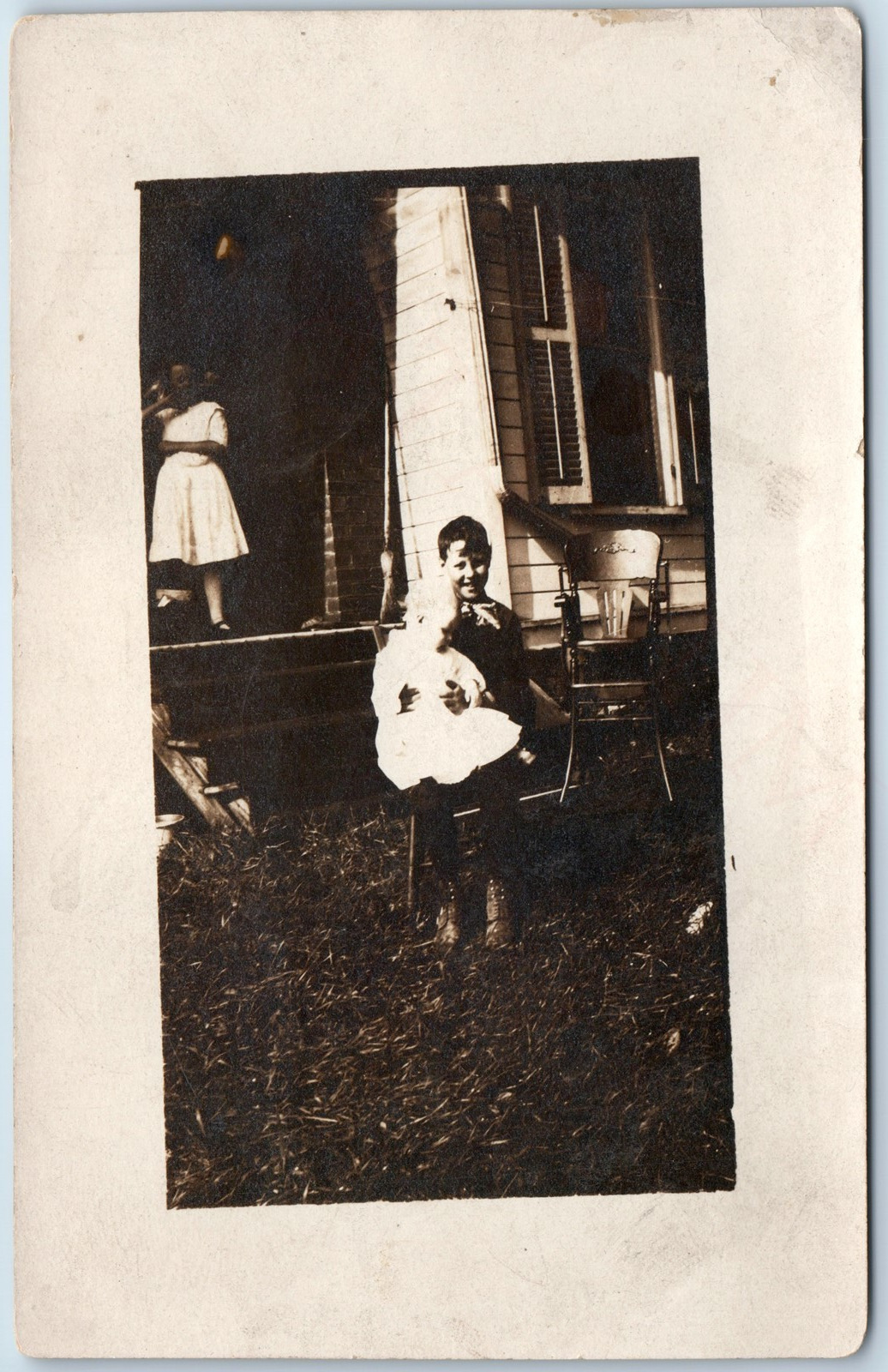 c1910s Outdoor Children RPPC House Porch Boy Hold Baby Smile Sunny ...