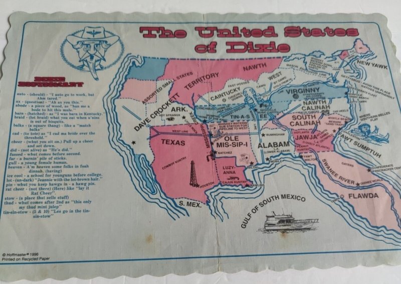 The United States of DIXIE Map & Dictionary Placemat 1996 | Ephemera ...