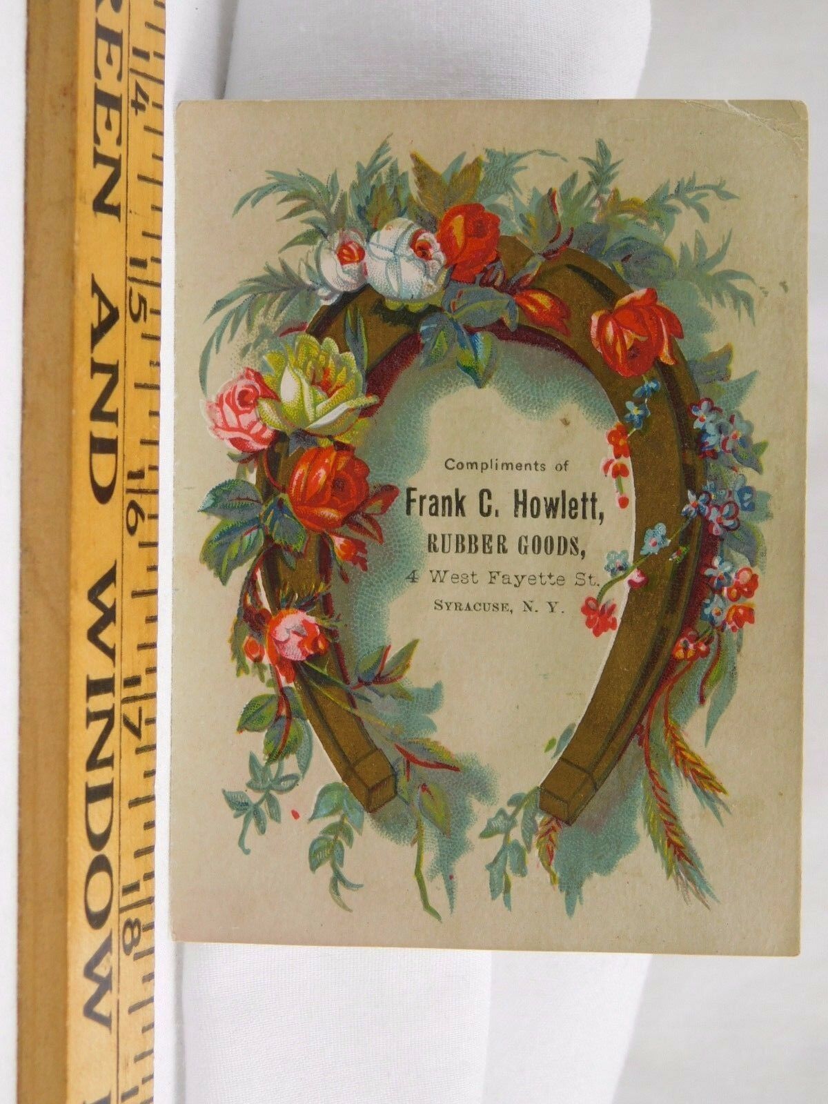 Victorian Trade Card Frank C Howlett Rubber Goods Horseshoe Flowers ...