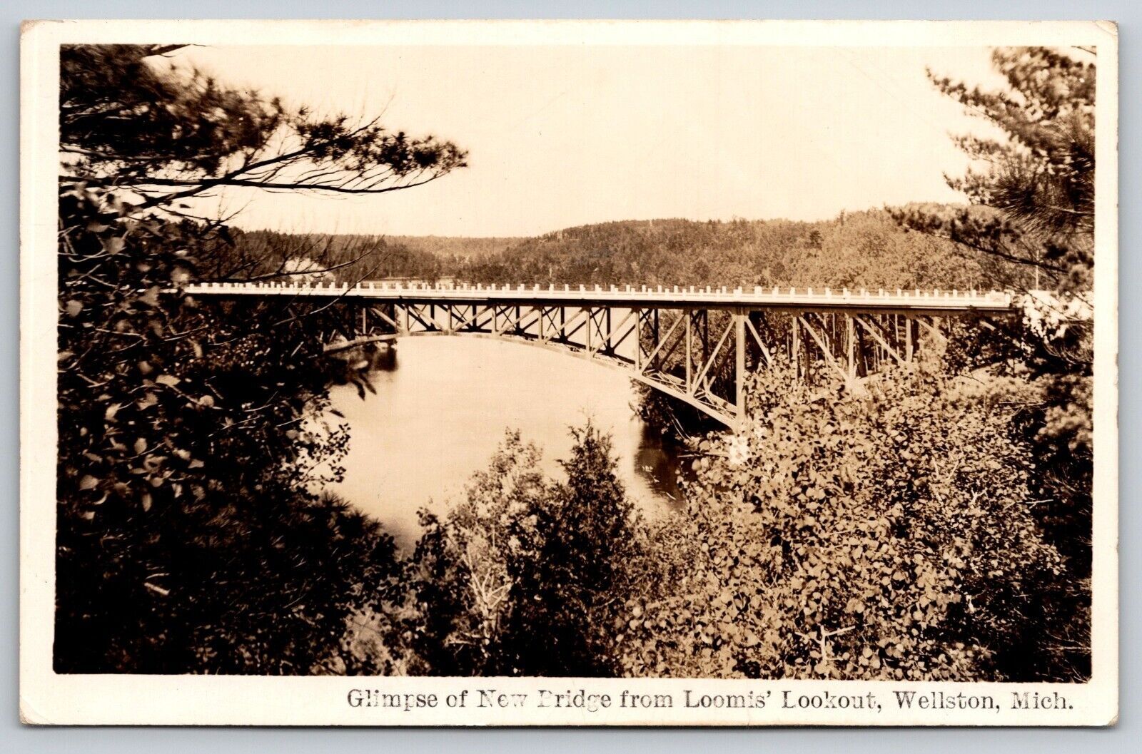 Wellston Michigan~Glimpse of New Bridge From Loomis Lookout~Sepia RPPC ...