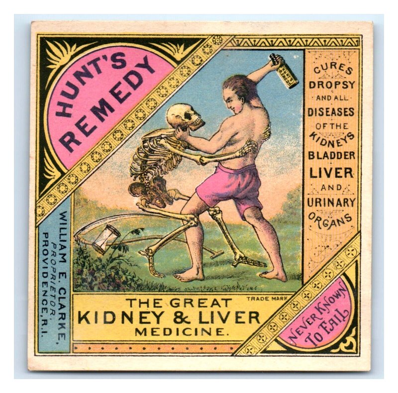 1880s Hunt's Remedy Wm. E. Clark Man Fighting Skeleton Death Quack Med ...