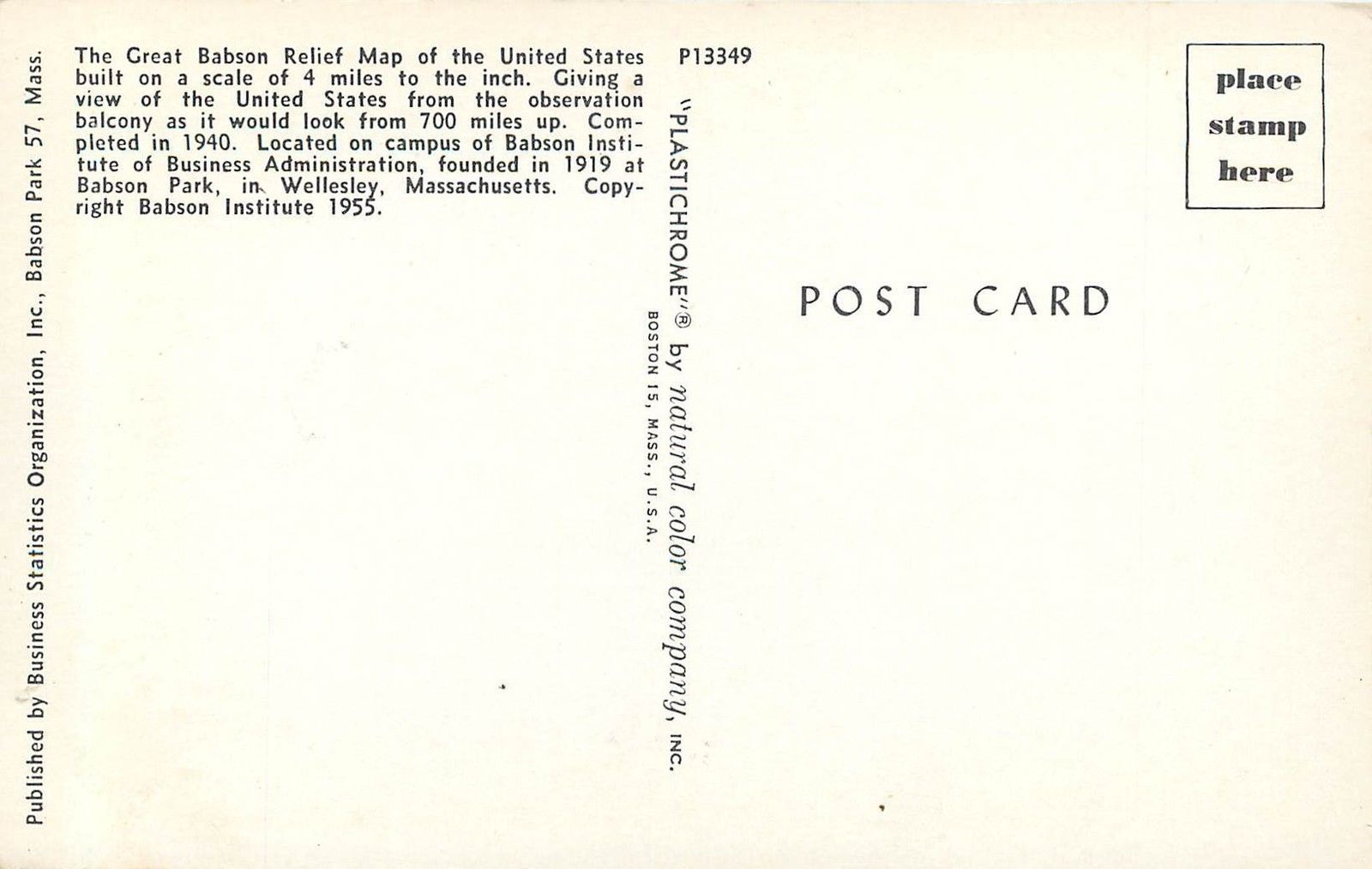1955 Postcard; Great Babson Relief Map of US Globe Babson Institute ...