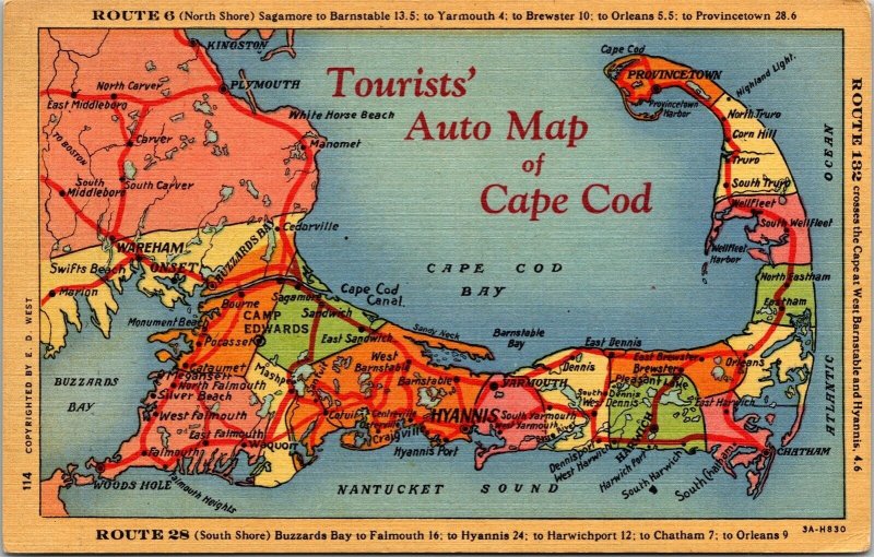 Tourists Auto Map Of Cape Cod Oceans Cities Highway Linen Postcard ...