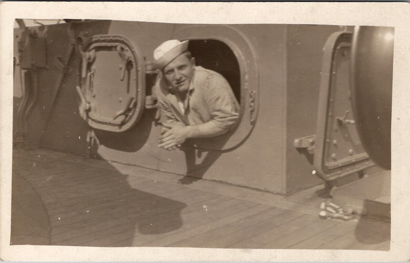 US Navy Sailor "Henry" Looking through the Hatch on Ship RPPC Postcard ...