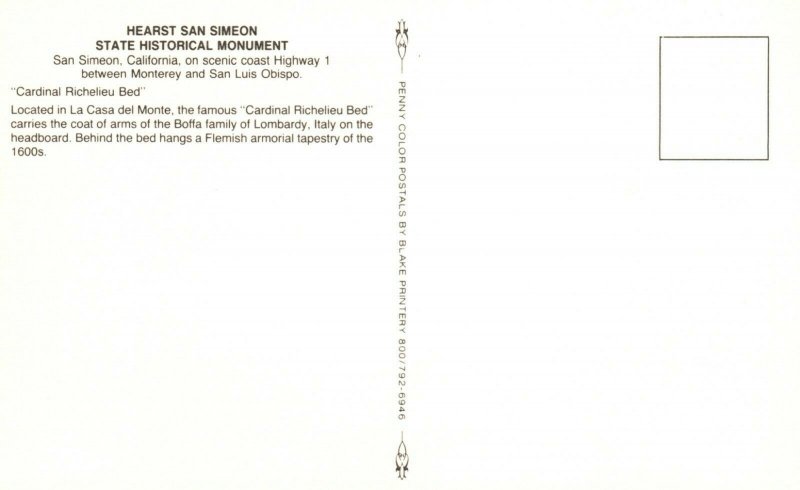 Vintage Postcard Hearst San Simeon Cardinal Richelieu Bed San Simeon ...
