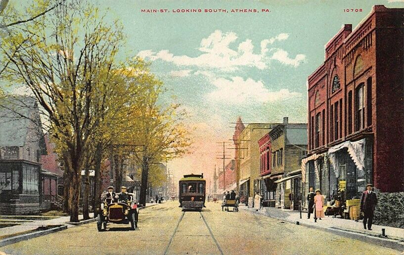 Athens PA Main Street Looking South Storefronts Trolley Postcard ...
