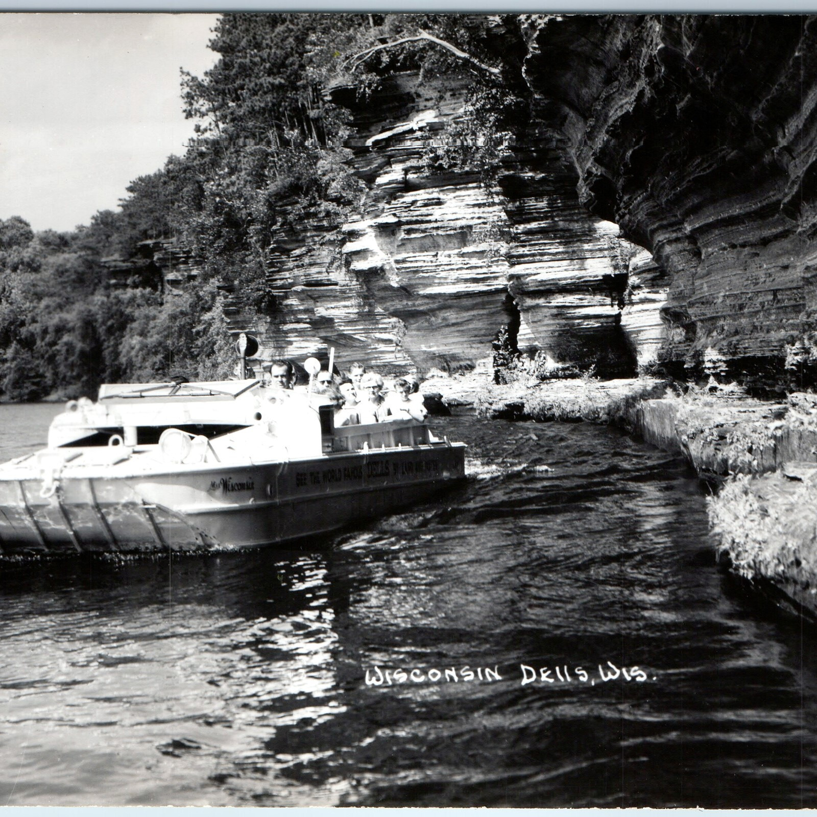 c1950s Wisconsin Dells, WI Duck Tourist Boat RPPC River Cliff Rock Cave ...