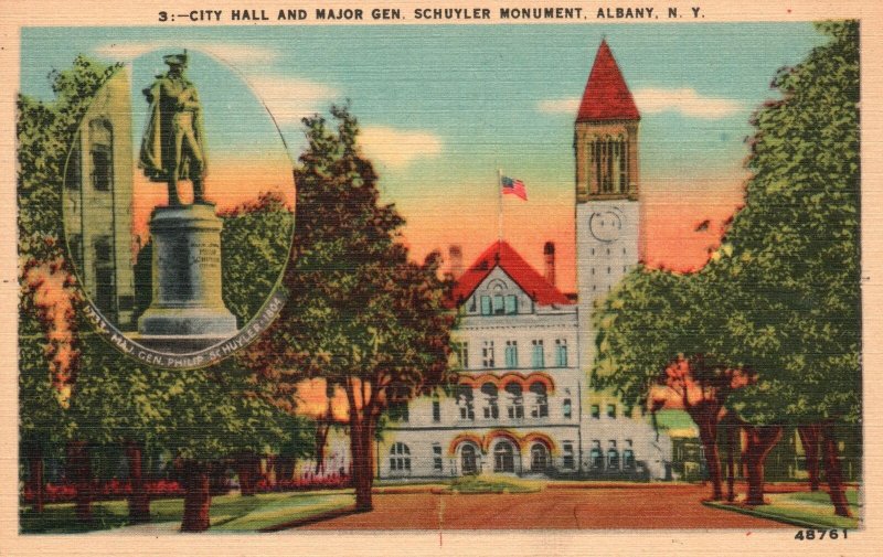 Vintage Postcard 1920's City Hall & Major Gen. Schuyler Monument Albany ...