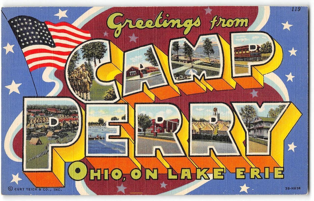 CAMP PERRY Large Letter OHIO Lake Erie Military WWII '40s Linen Vintage ...