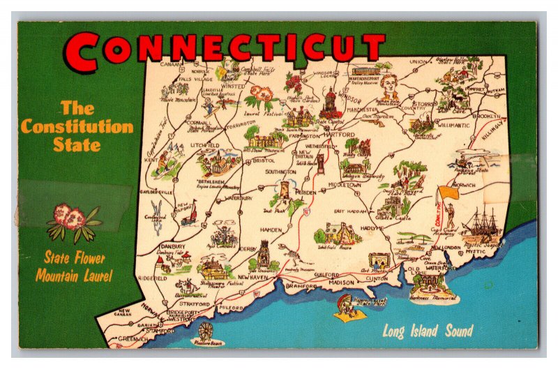 Vintage Postcard Connecticut The Constitution State Map Card | United ...